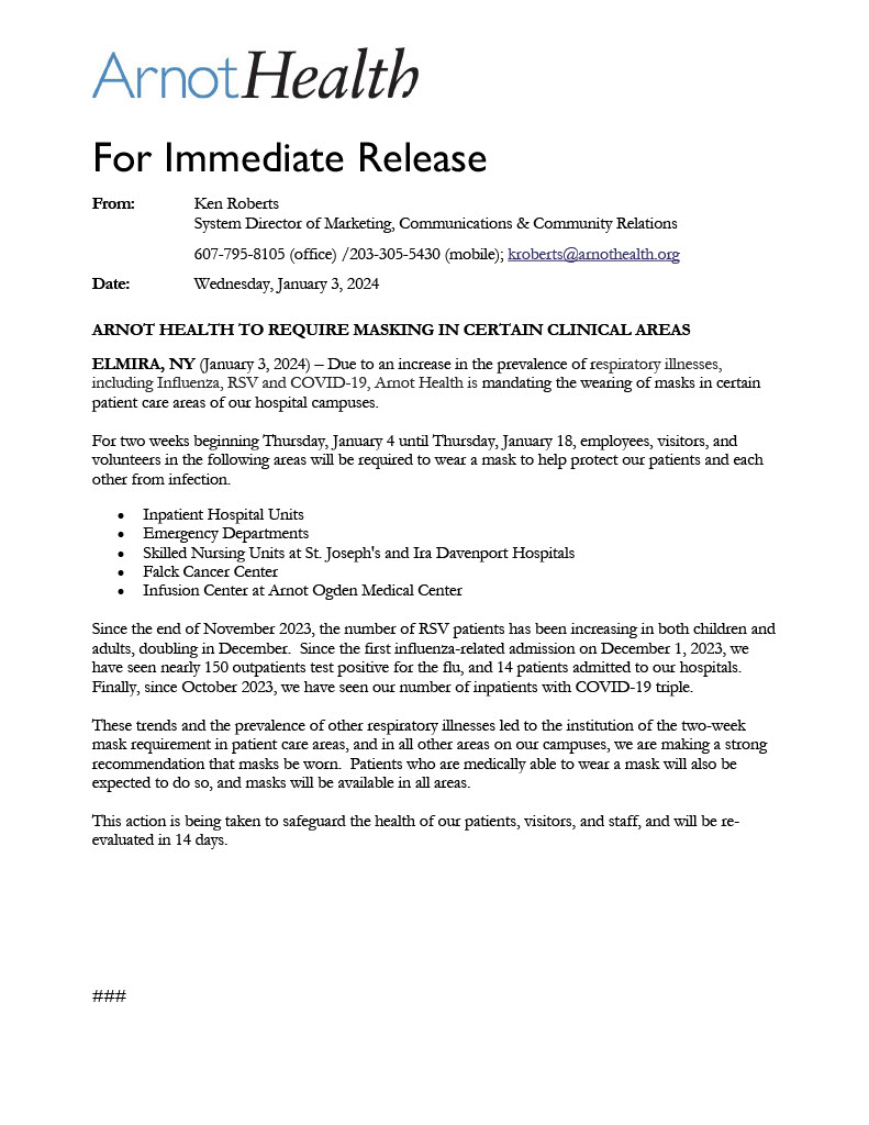 News - Arnot Health to Require Masking in Certain Clincal Areas